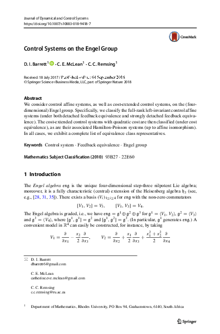 (PDF) Control Systems on the Engel Group