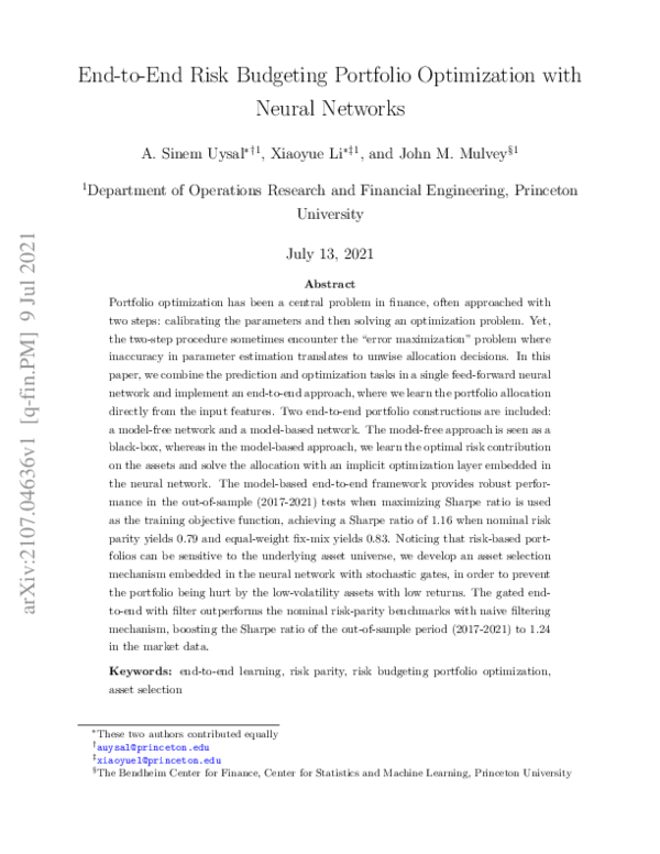 Pdf End To End Risk Budgeting Portfolio Optimization With Neural Networks