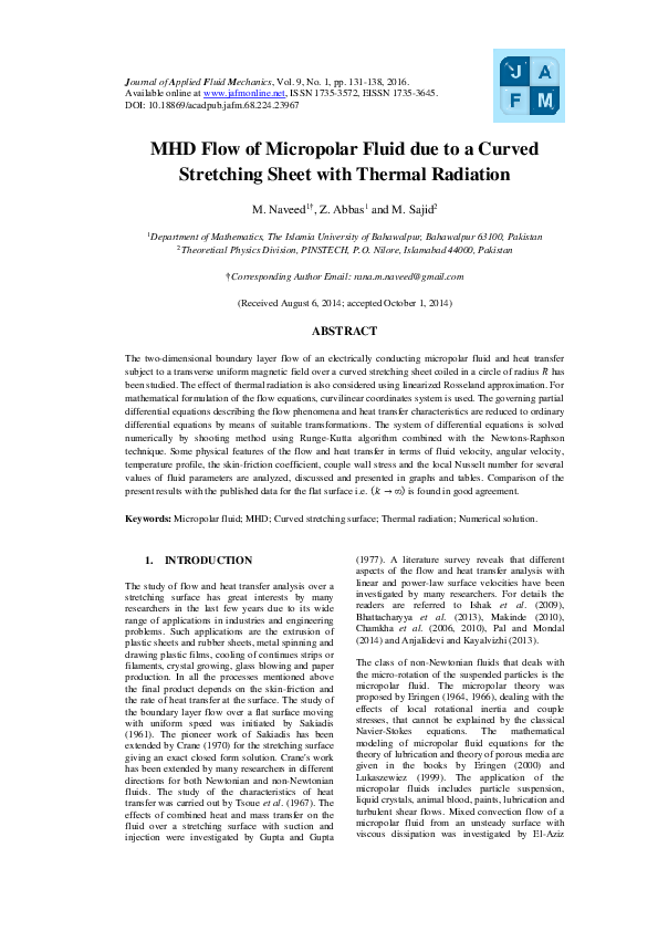 (PDF) MHD Flow of Micropolar Fluid due to a Curved Stretching Sheet with Thermal Radiation ...
