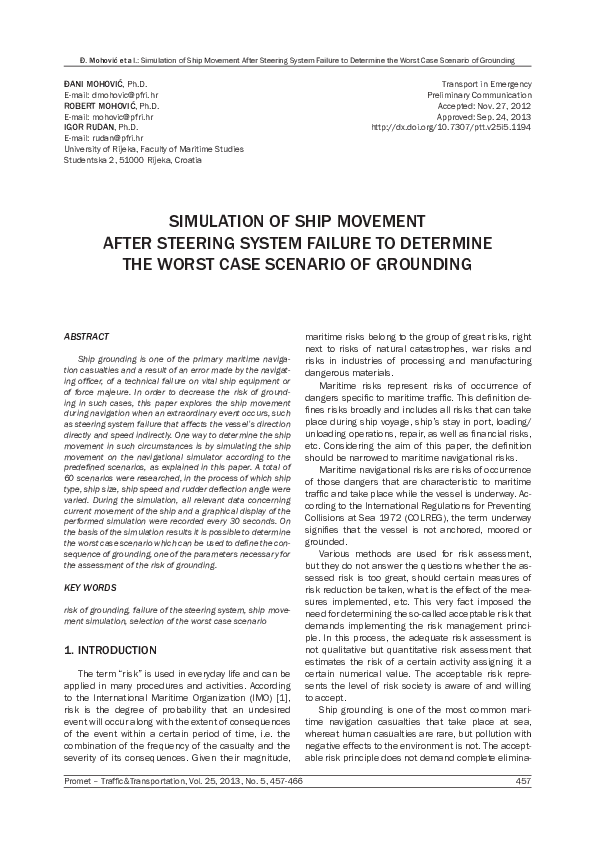 (PDF) Simulation of Ship Movement after Steering System Failure to Determine the Worst Case ...