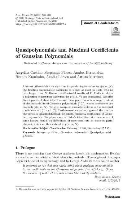 (PDF) Quasipolynomials and Maximal Coefficients of Gaussian Polynomials