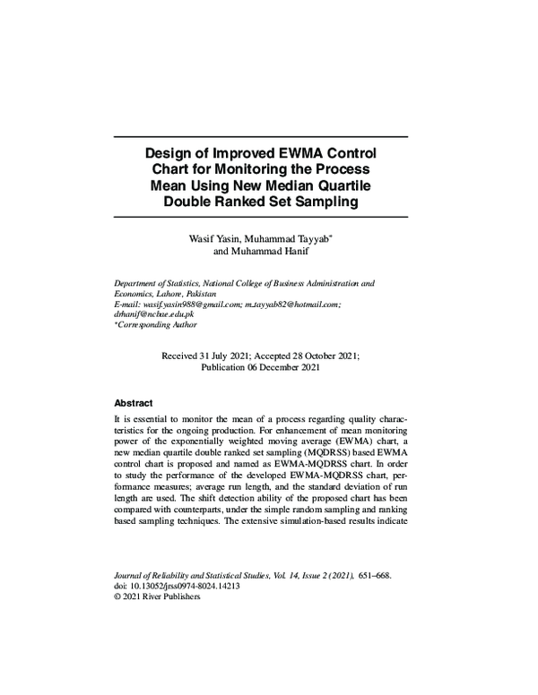 Pdf Design Of Improved Ewma Control Chart For Monitoring The Process Mean Using New Median