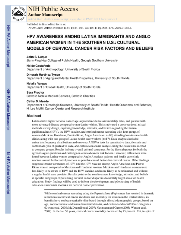 (PDF) HPV Awareness Among Latina Immigrants and Anglo-American Women in ...