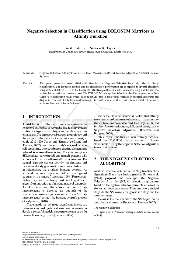 (PDF) Negative Selection in Classification using DBLOSUM Matrices as Affinity Function