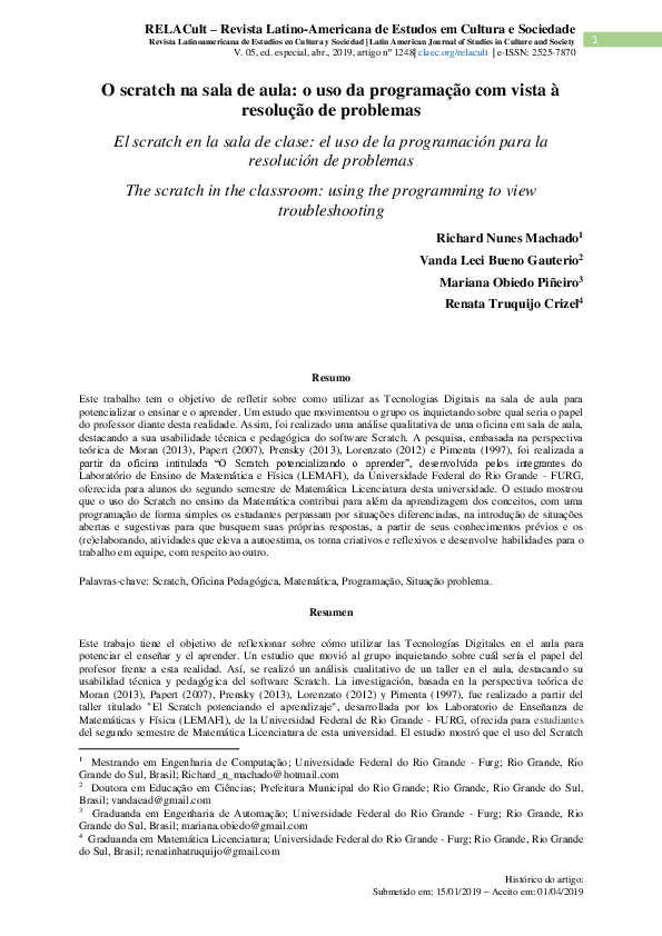Pdf O Scratch Na Sala De Aula O Uso Da Programação Com Vista à