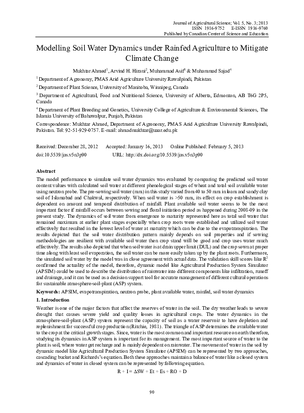 (PDF) Modelling Soil Water Dynamics under Rainfed Agriculture to Mitigate Climate Change