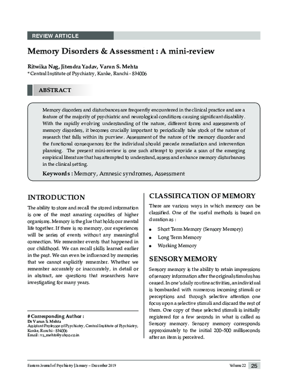 (PDF) Memory Disorders & Assessment: A mini-review