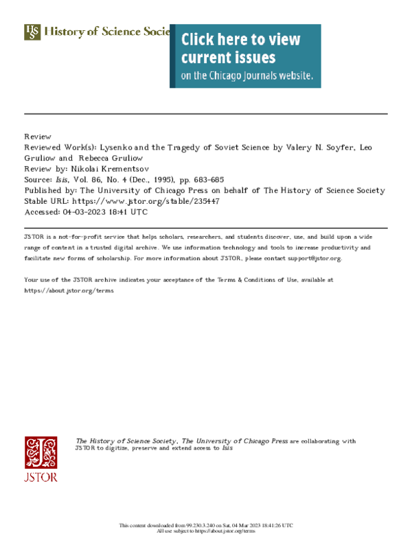 (PDF) Lysenko's Politics: Science in Soviet Regime