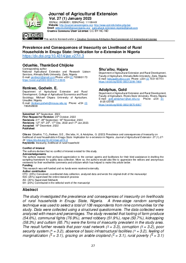 (PDF) Prevalence and Consequences of Insecurity on Livelihood of Rural Households in Enugu State ...