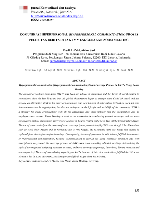 (PDF) Komunikasi Hiperpersonal (Hyperpersonal Communication) Proses ...