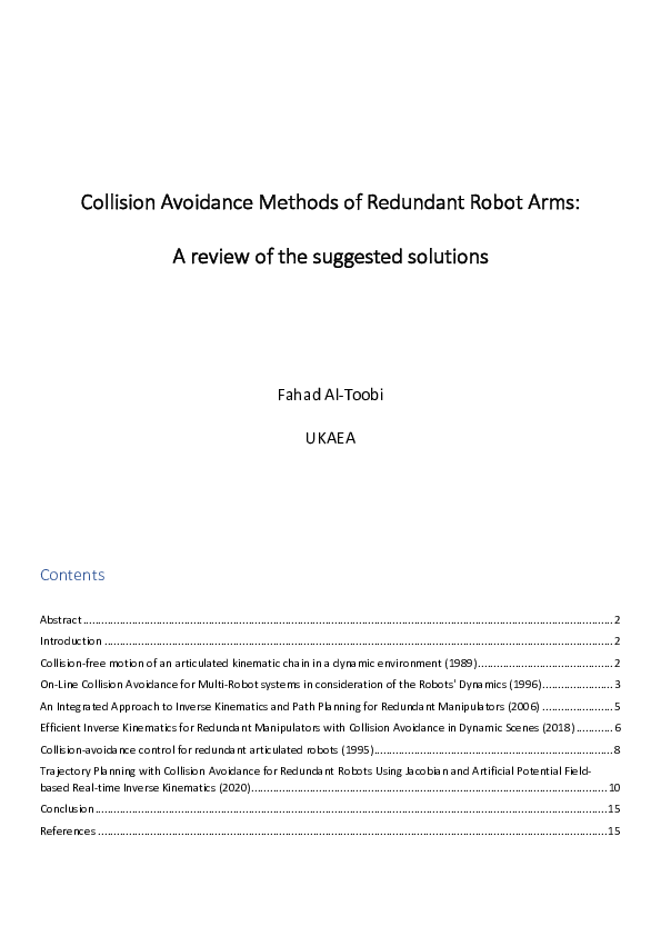 Pdf Collision Avoidance Methods Of Redundant Robot Arms A Review Of The Suggested Solutions