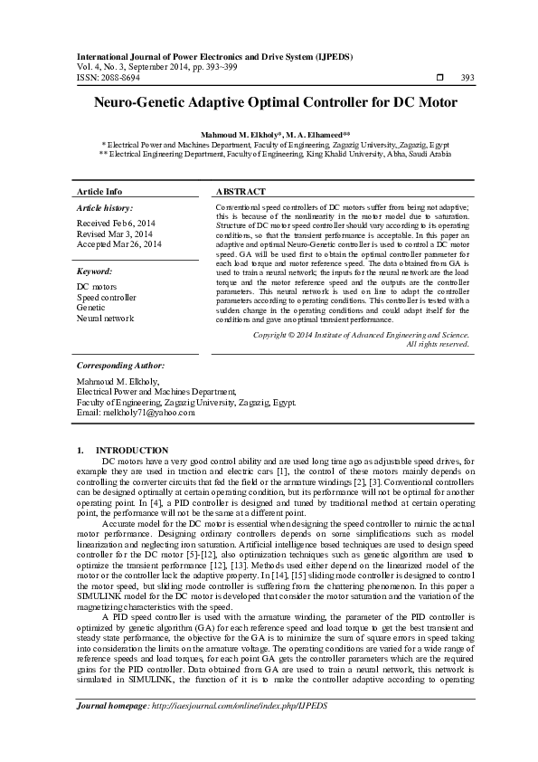 (PDF) Neuro-Genetic Adaptive Optimal Controller for DC Motor