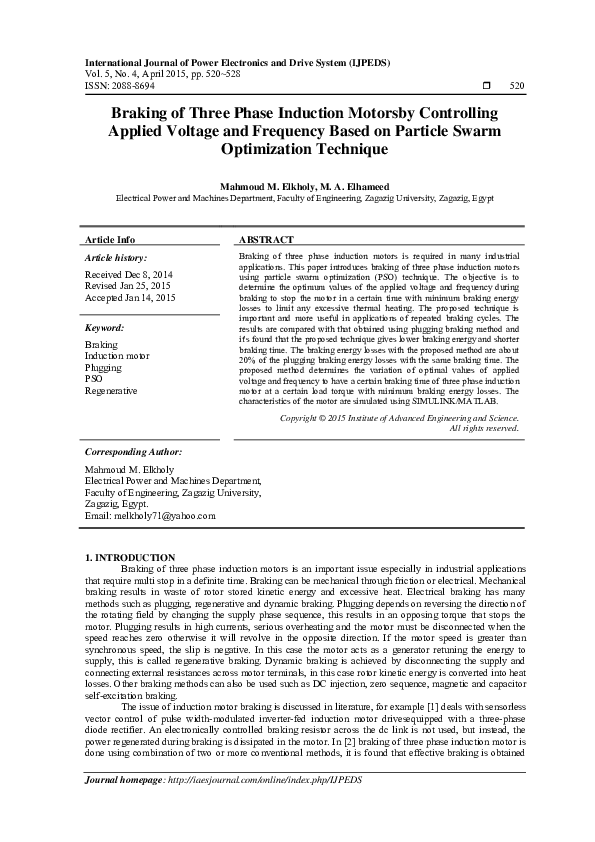 (PDF) Braking of Three Phase Induction Motors by Controlling Applied Voltage and Frequency Based ...