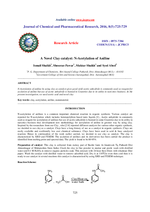 (PDF) A Novel Clay catalyst: N-Acetylation of Aniline