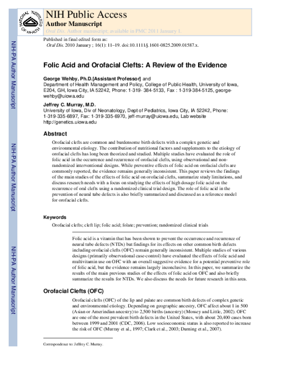 (PDF) Folic acid and orofacial clefts: a review of the evidence