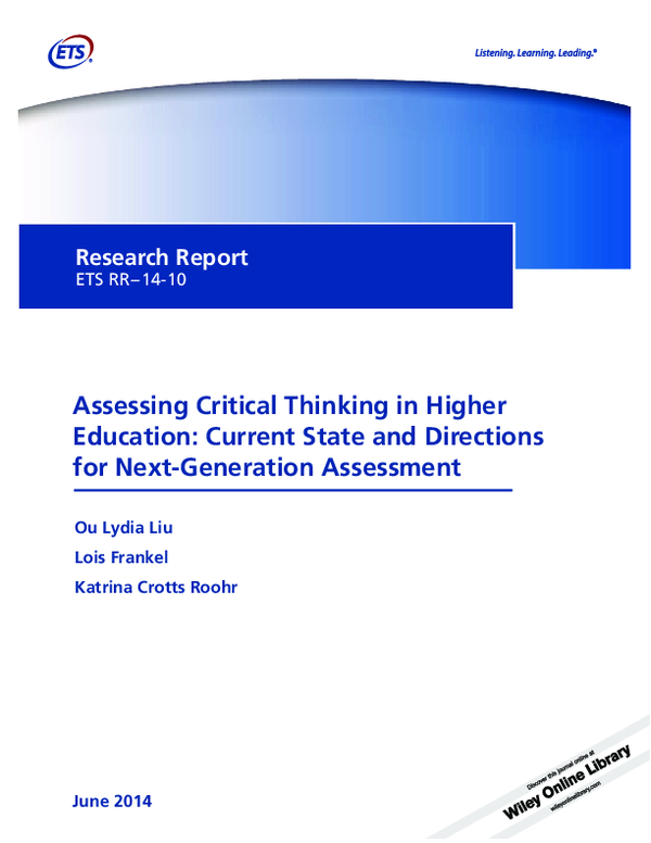 Pdf Assessing Critical Thinking In Higher Education Current State