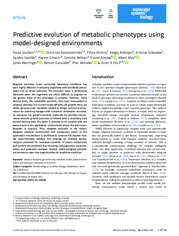(PDF) Predictive evolution of metabolic phenotypes using model‐designed ...