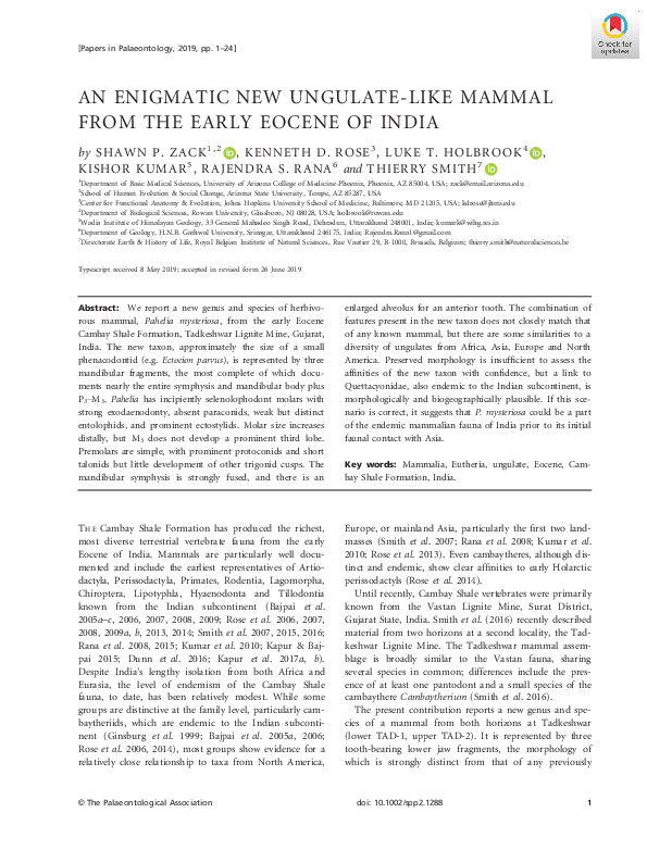 (PDF) An enigmatic new ungulate‐like mammal from the early Eocene of India