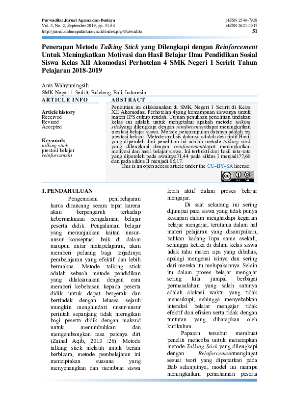 (PDF) Penerapan Metode Talking Stick Yang Dilengkapi Dengan Reinforcement Untuk Meningkatkan ...