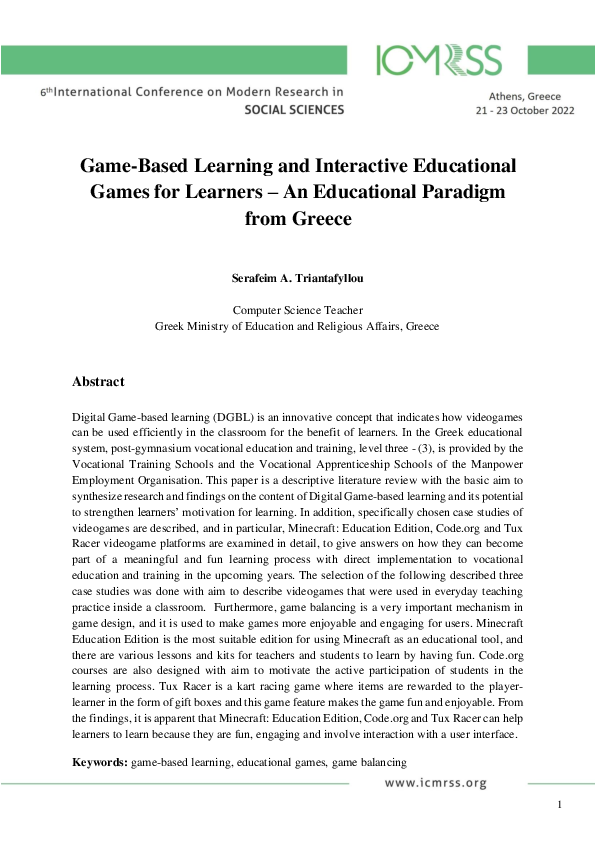 (PDF) Game-Based Learning and Interactive Educational Games for Learners -An Educational ...