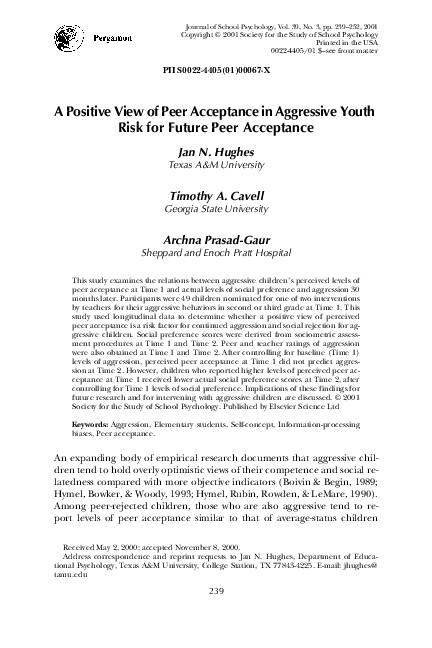 (PDF) A Positive View of Peer Acceptance in Aggressive Youth Risk for ...