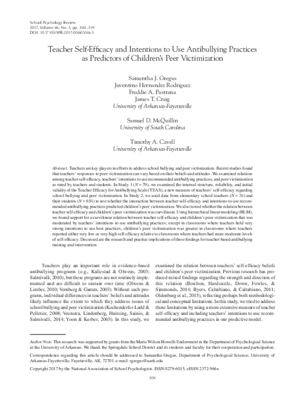 (PDF) Teacher Self-Efficacy and Intentions to Use Antibullying Practices as Predictors of ...