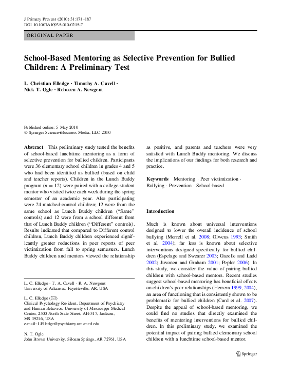 (PDF) School-Based Mentoring as Selective Prevention for Bullied ...