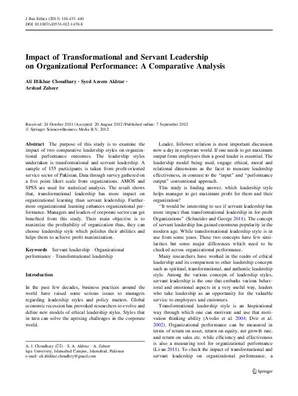 (PDF) Impact of Transformational and Servant Leadership on Organizational Performance: A ...