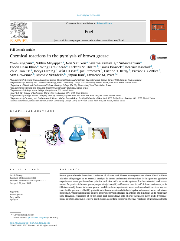 (PDF) Chemical reactions in the pyrolysis of brown grease