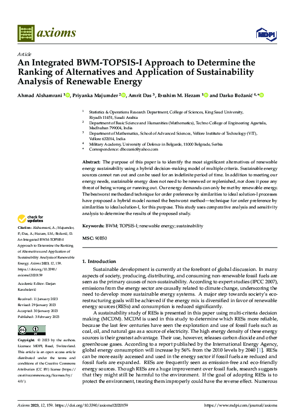 (PDF) An Integrated BWM-TOPSIS-I Approach to Determine the Ranking of Alternatives and ...