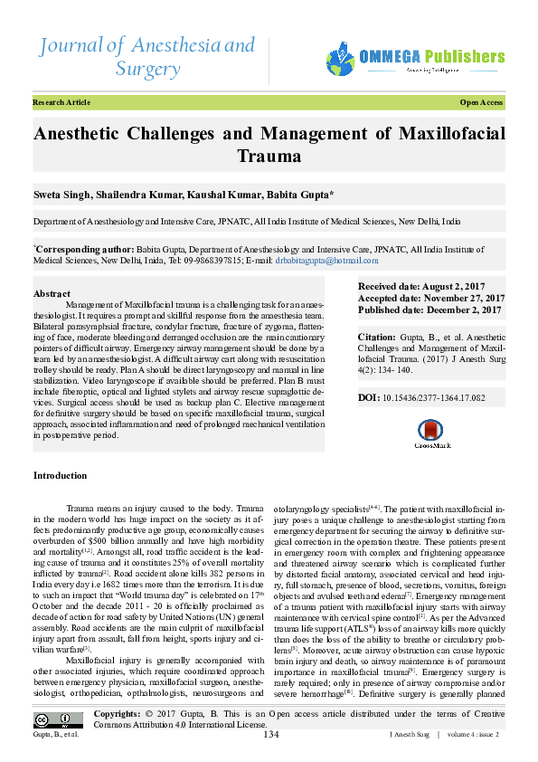 (PDF) Anesthetic Challenges and Management of Maxillofacial Trauma