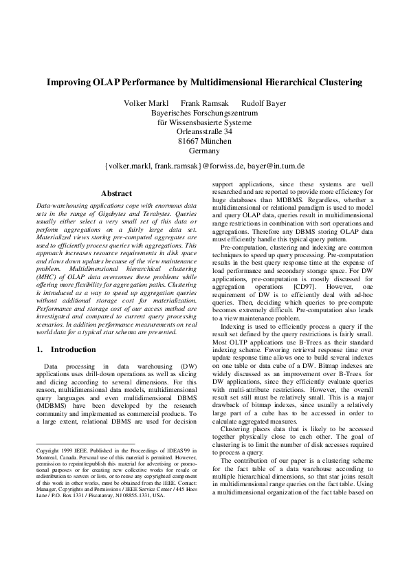 Pdf Improving Olap Performance By Multidimensional Hierarchical
