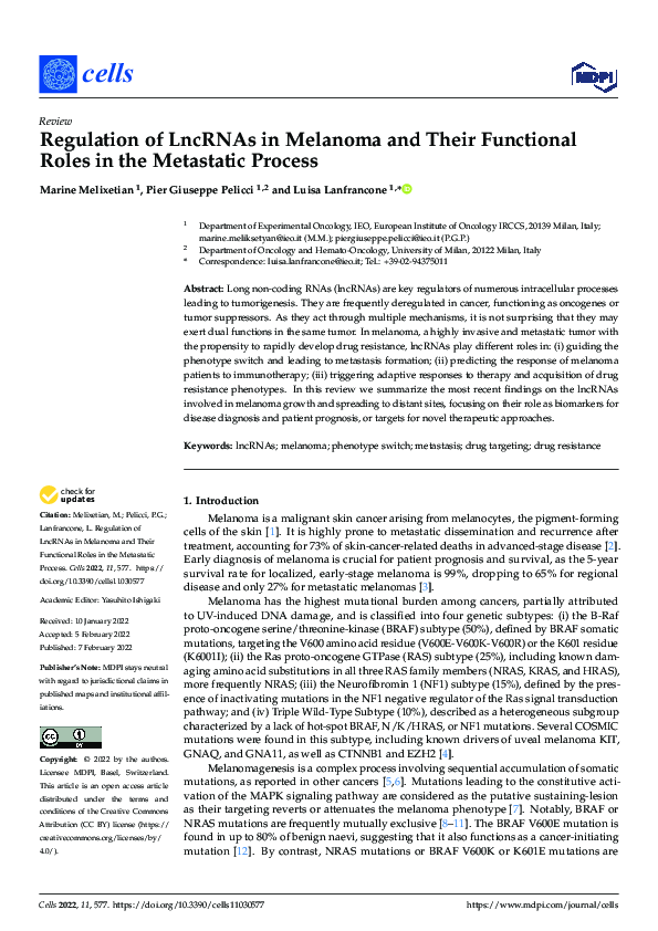 (PDF) Regulation of LncRNAs in Melanoma and Their Functional Roles in ...
