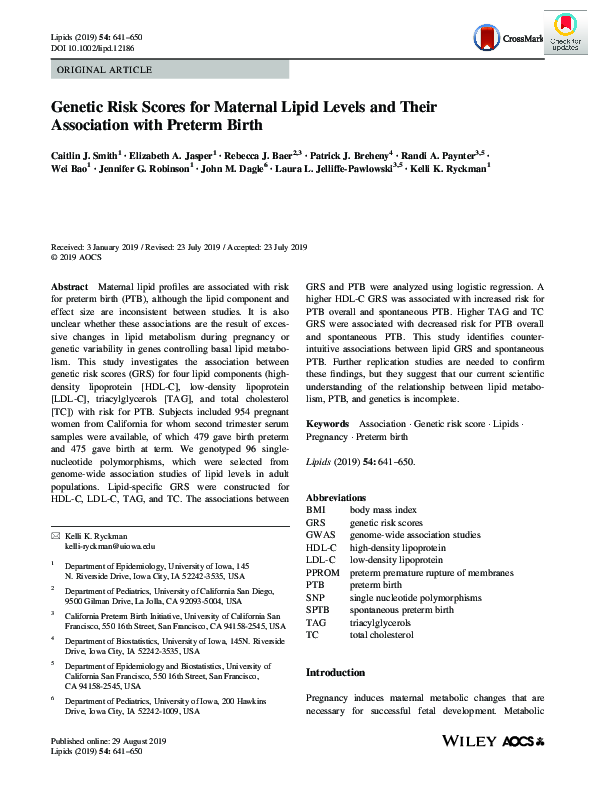 (PDF) Genetic Risk Scores for Maternal Lipid Levels and Their ...
