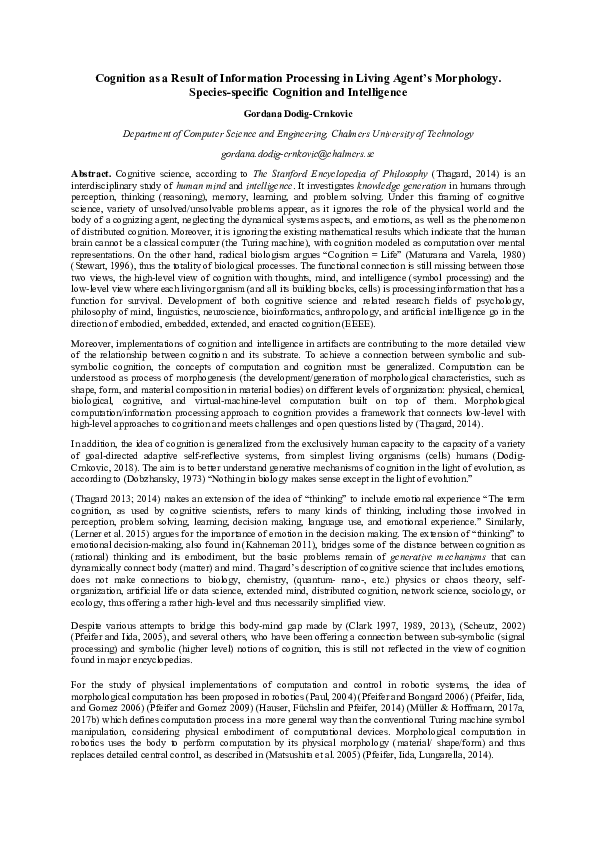 (PDF) Cognition as a Result of Information Processing in Living Agent’s Morphology. Species ...