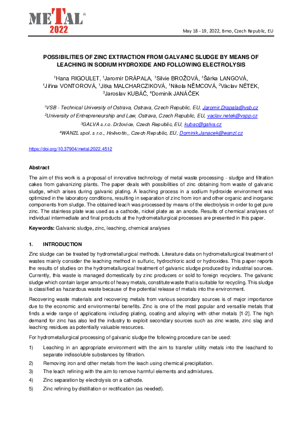 (PDF) POSSIBILITIES OF ZINC EXTRACTION FROM GALVANIC SLUDGE BY MEANS OF ...