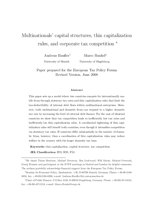 (PDF) Multinationals' capital structures, thin capitalization rules ...