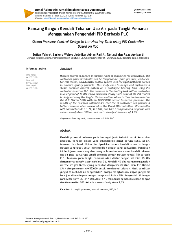 (PDF) Rancang Bangun Kendali Tekanan Uap Air pada Tangki Pemanas Menggunakan Pengendali PID ...