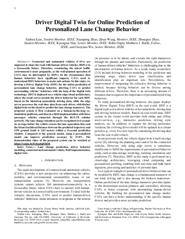 (PDF) Driver Digital Twin for Online Prediction of Personalized Lane Change Behavior