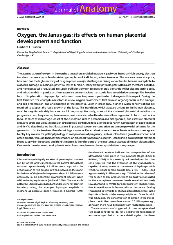 (PDF) Oxygen, the Janus gas; its effects on human placental development and function