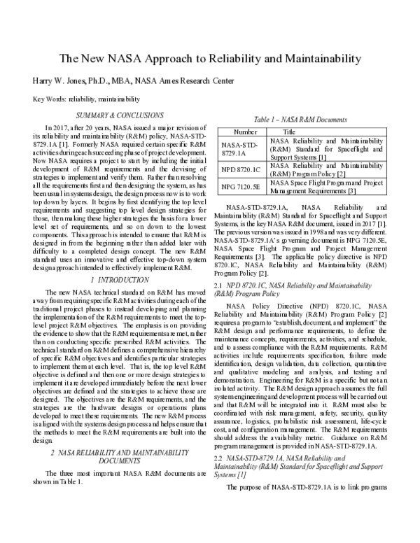 (PDF) The New NASA Approach to Reliability and Maintainability