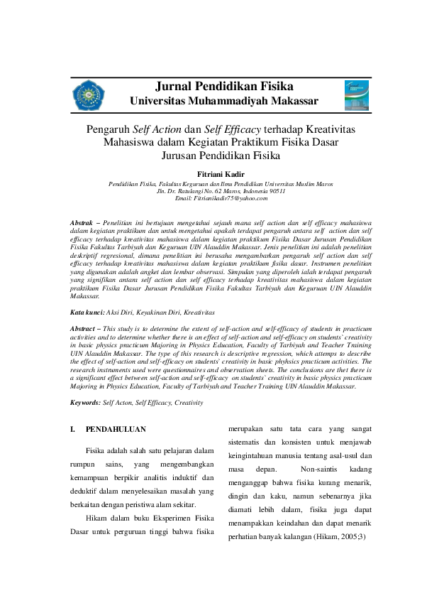 (PDF) Pengaruh Self Action dan Self Efficacy terhadap Kreativitas Mahasiswa dalam Kegiatan ...