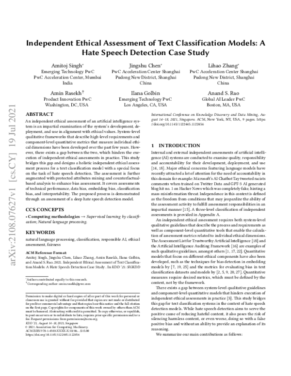(PDF) Independent Ethical Assessment of Text Classification Models: A Hate Speech Detection Case ...