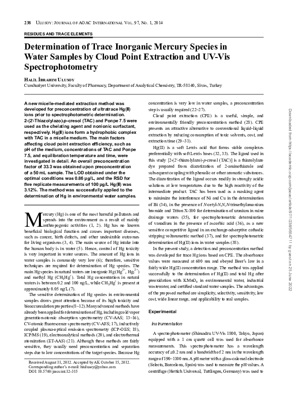 Pdf Determination Of Trace Inorganic Mercury Species In Water Samples