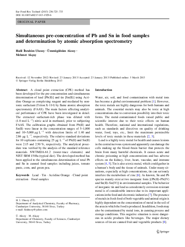 (PDF) Simultaneous pre-concentration of Pb and Sn in food samples and ...