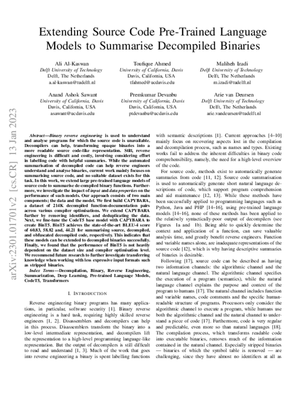 (PDF) Extending Source Code Pre-Trained Language Models to Summarise Decompiled Binaries