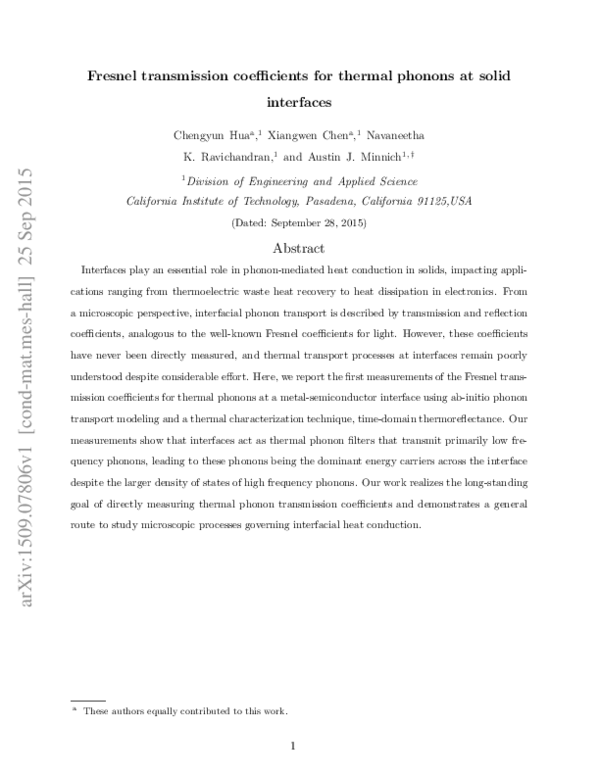 (PDF) Fresnel transmission coefficients for thermal phonons at solid interfaces