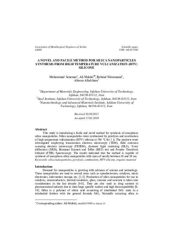 (PDF) A novel and facile method for silica nanoparticles synthesis from ...
