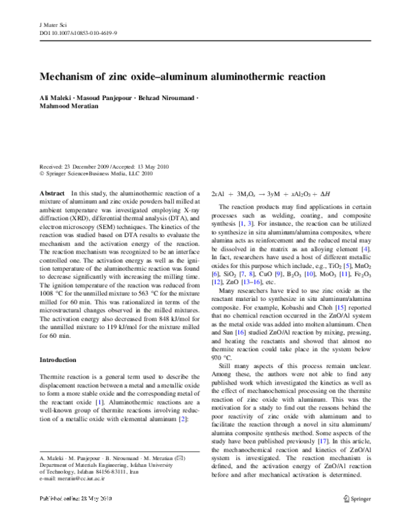 (PDF) Mechanism of zinc oxide–aluminum aluminothermic reaction