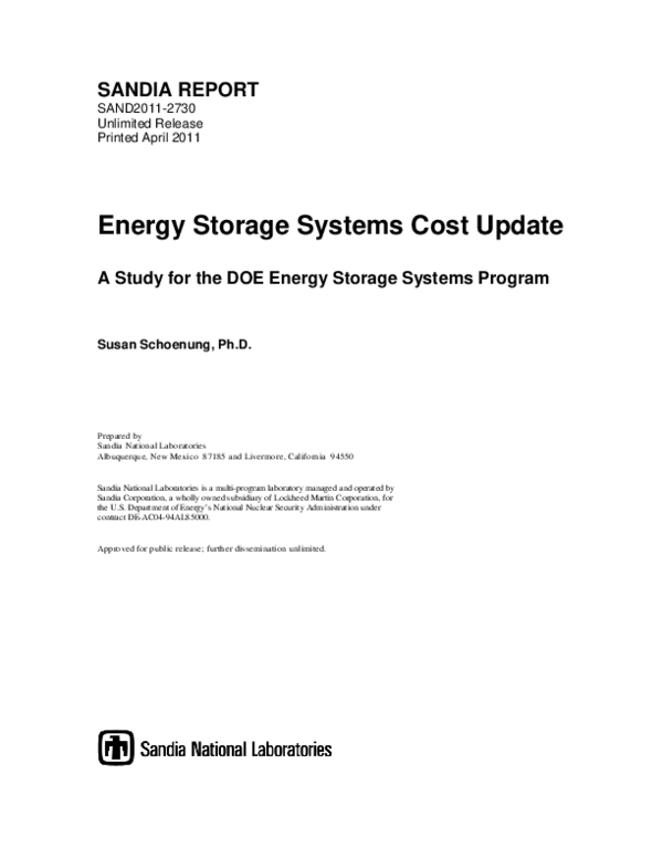 (PDF) Energy storage systems cost update : a study for the DOE Energy ...